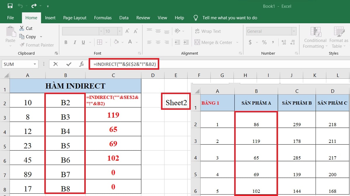 Cách dùng hàm INDIRECT trong Excel để tham chiếu giá trị